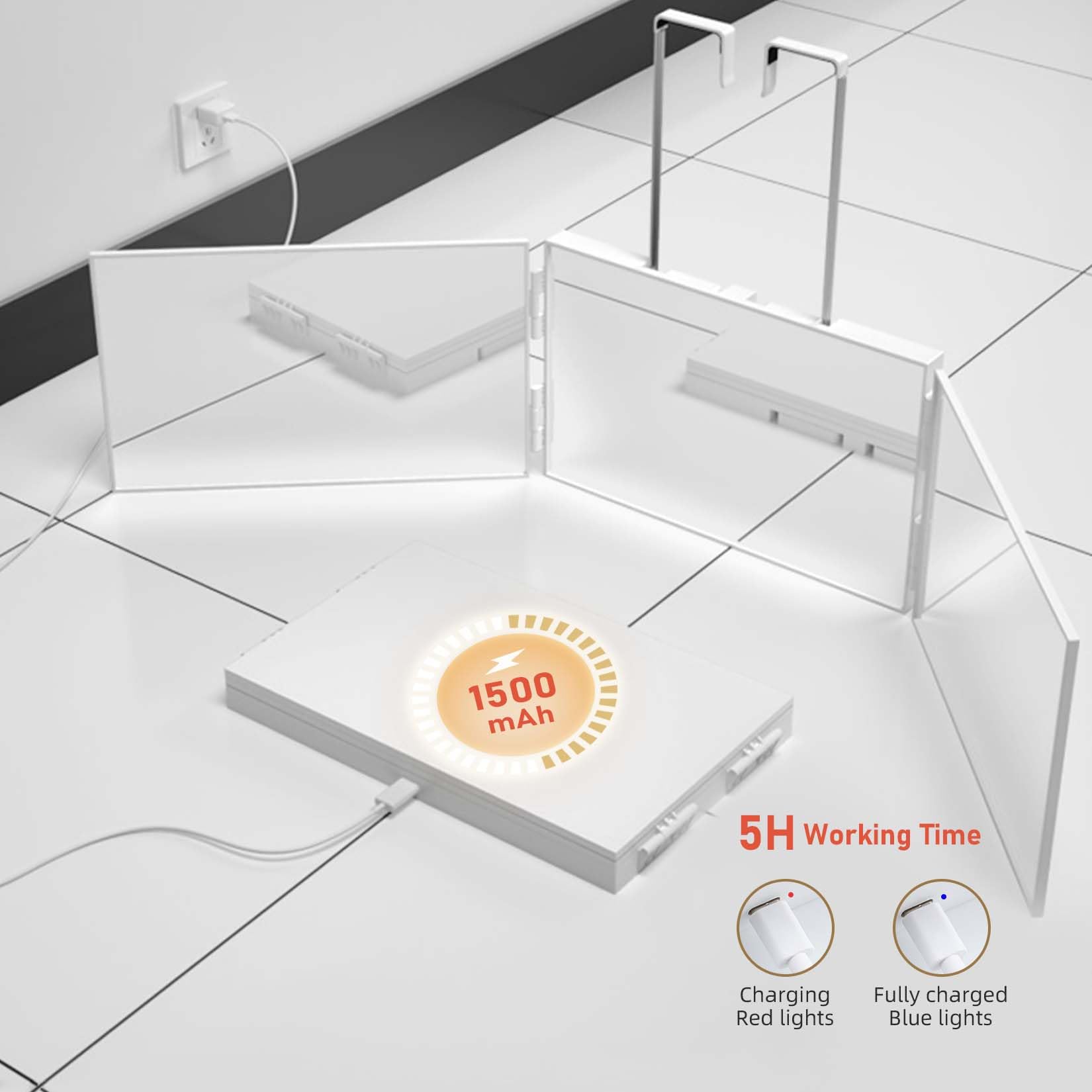 Essbhach 3 Way Mirror for Hair Cutting, 360 Barber Mirror for Women, Barber Supplies Shower 28 LED Mirror, Height Adjustable Hooks, White with LED