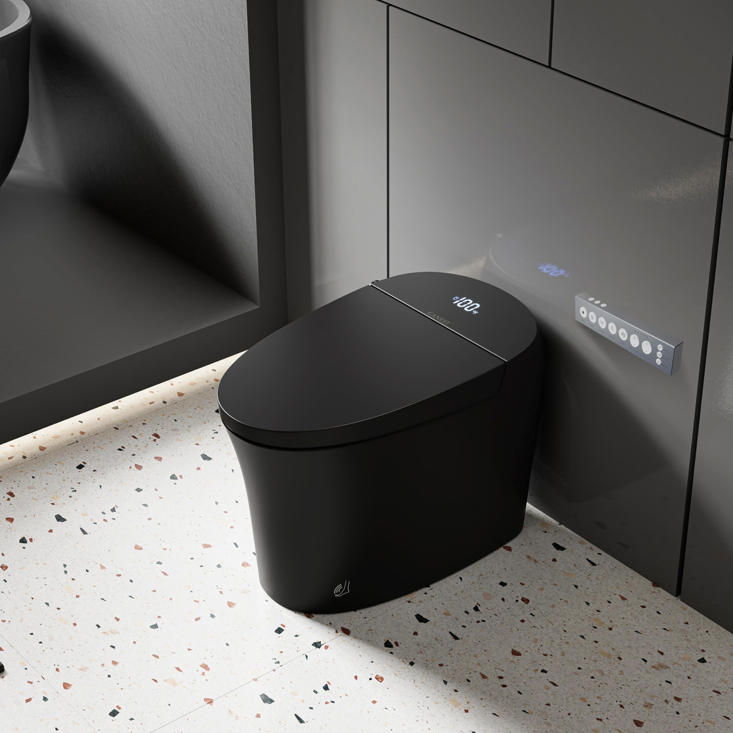 CANEST Black Smart Toilet with Pump-assisted Flush, Auto Open/Close Lid, Smart Bidet Toilet, Foot Sensor, Heated Seat, Warm Dryer, Temperature Display, Night Light (TC-200BG)