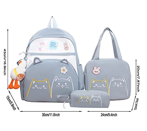 DAHUOJI 3PCS Kawaii Backpack Set 17in Cat Embroidery Backpacks Aesthetic School Bag Cute Bookbag with Lunch Bag,Pencil Box,Duck Pendant & Badge,Blue