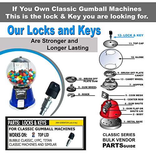 Lock and Key for Classic Gumball Machine - Vending Machines Top Lid Tubular Key Lock for Capsule, Candy, Gumball Vending Machine. Gumball Machine Lock and Key 1/4" Thread (2pc - Key Y3)…