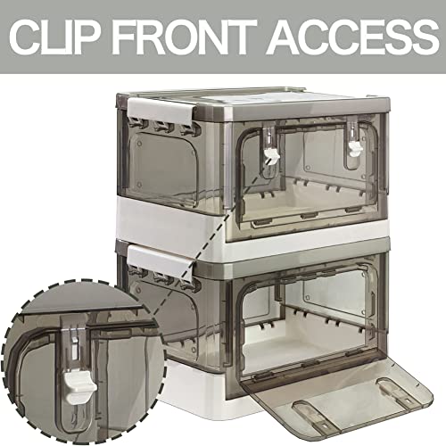 EZOWare 15 Quart Stackable Lidded Plastic Storage Bins with Front Opening and Wheels, 2 Pack Foldable Organizer Cube Box Containers with Latch Lid - White and Clear Gray