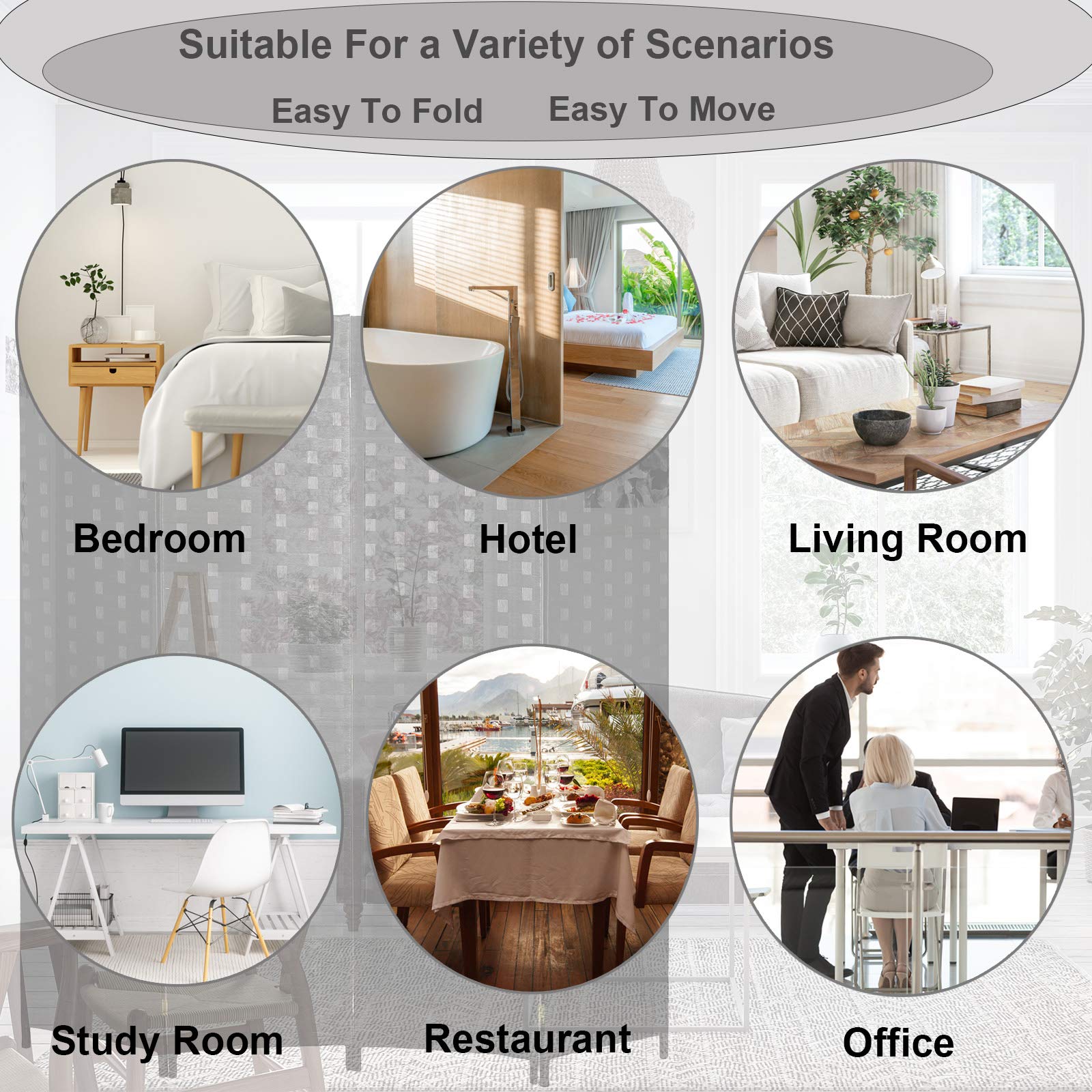 Folding Room Screen Divider Hand-Woven Design Room Divider 6ft High Fiber Free-Standing Privacy Screen Suitable for Living Room and Study (Black, 4 Panels)