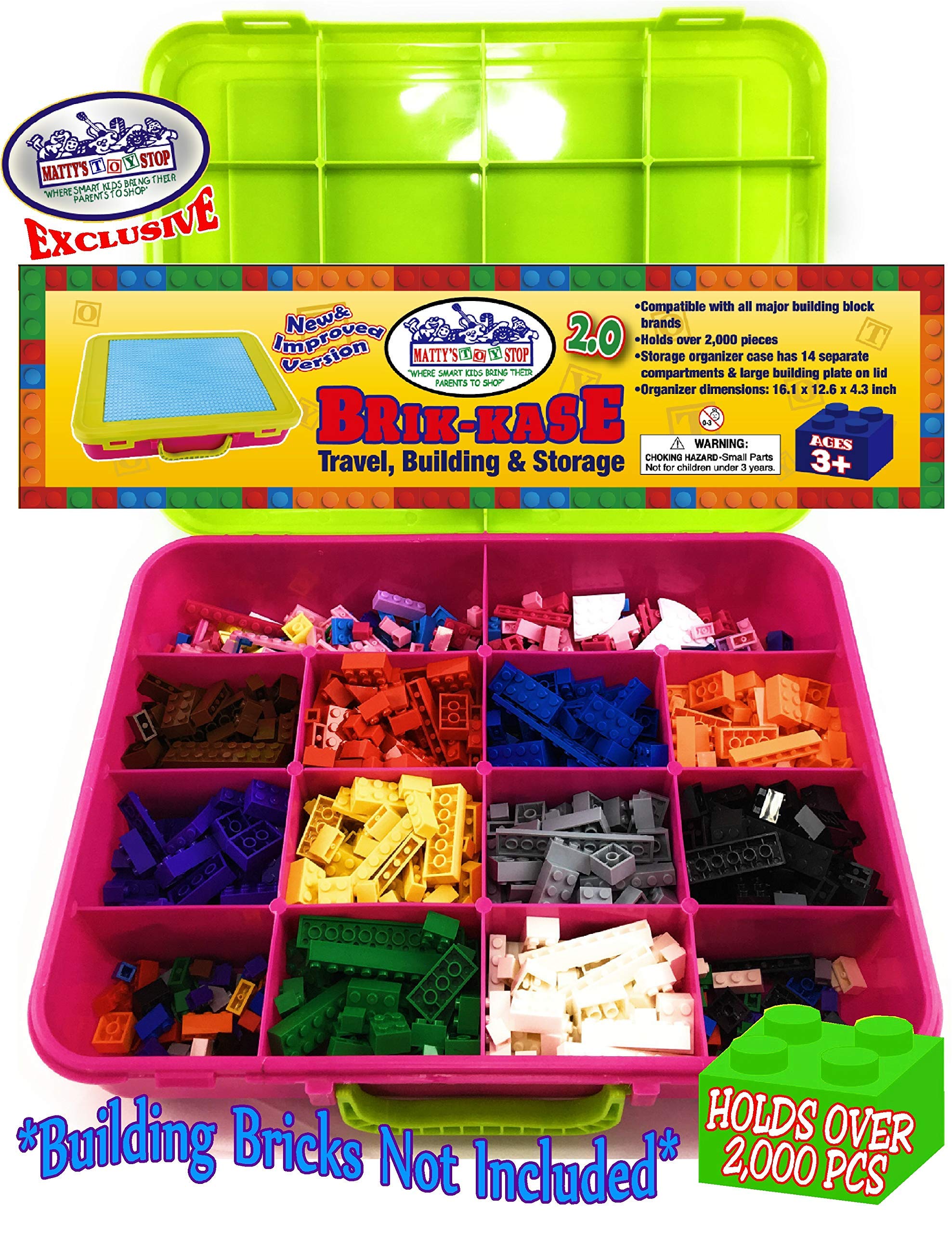 Matty's Toy Stop Brik-Kase 2.0 Travel, Building, Storage & Organizer Container Case with Building Plate Lid (Holds Approx 2000pcs) - Compatible with All Major Brands (Pink, Lime & Aqua)