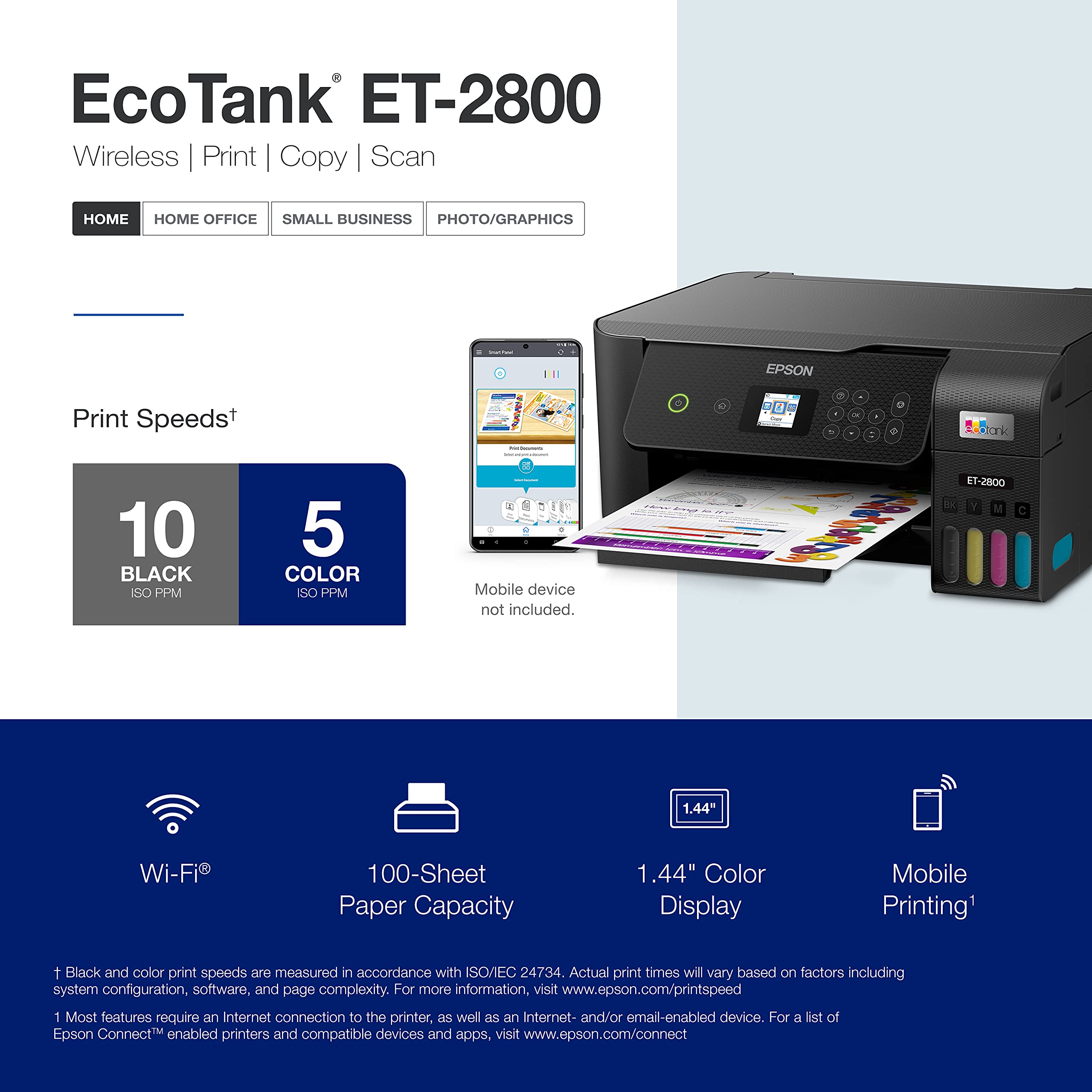 Epson EcoTank ET-2800 Wireless Color All-in-One Cartridge-Free Supertank Printer with Scan and Copy – The Ideal Basic Home Printer - Black, Medium