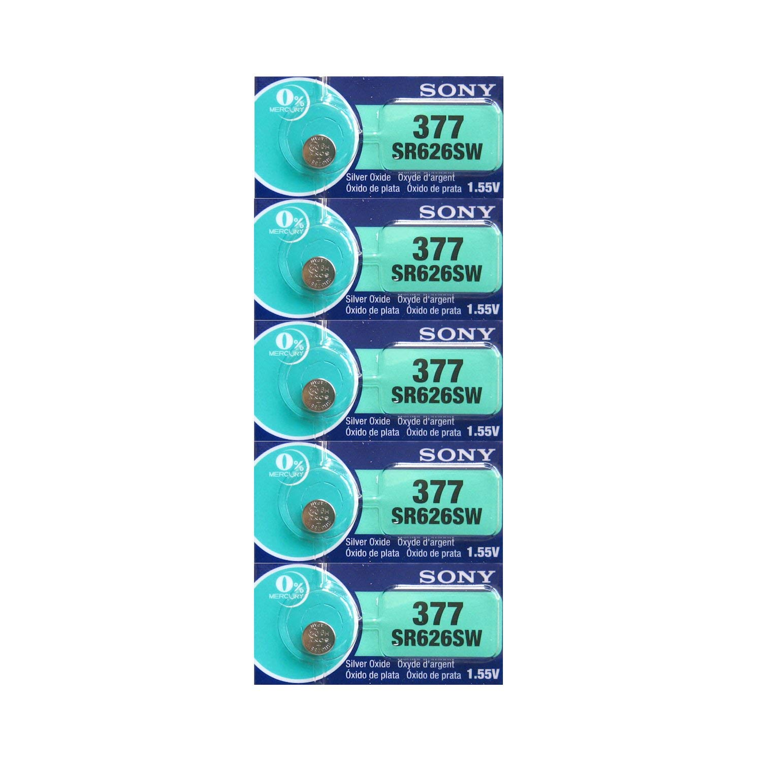 Sony Battery 377 (SR626SW) Silver Oxide 1.55V (5 Batteries Per Pack)