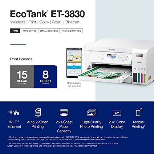 Epson EcoTank ET-3830 Wireless Color All-in-One Cartridge-Free Supertank Printer with Scan, Copy, Auto 2-sided Printing and Ethernet (Renewed),White