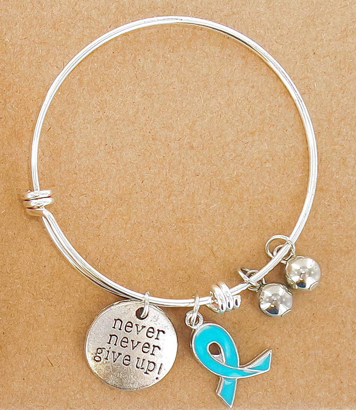 Awareness Bangles For Women - Ovarian Cancer Awareness Bracelets Charm Bangle - Teal Turquoise Ribbon Positive Inspirational Message Charm Bangle 1 pc