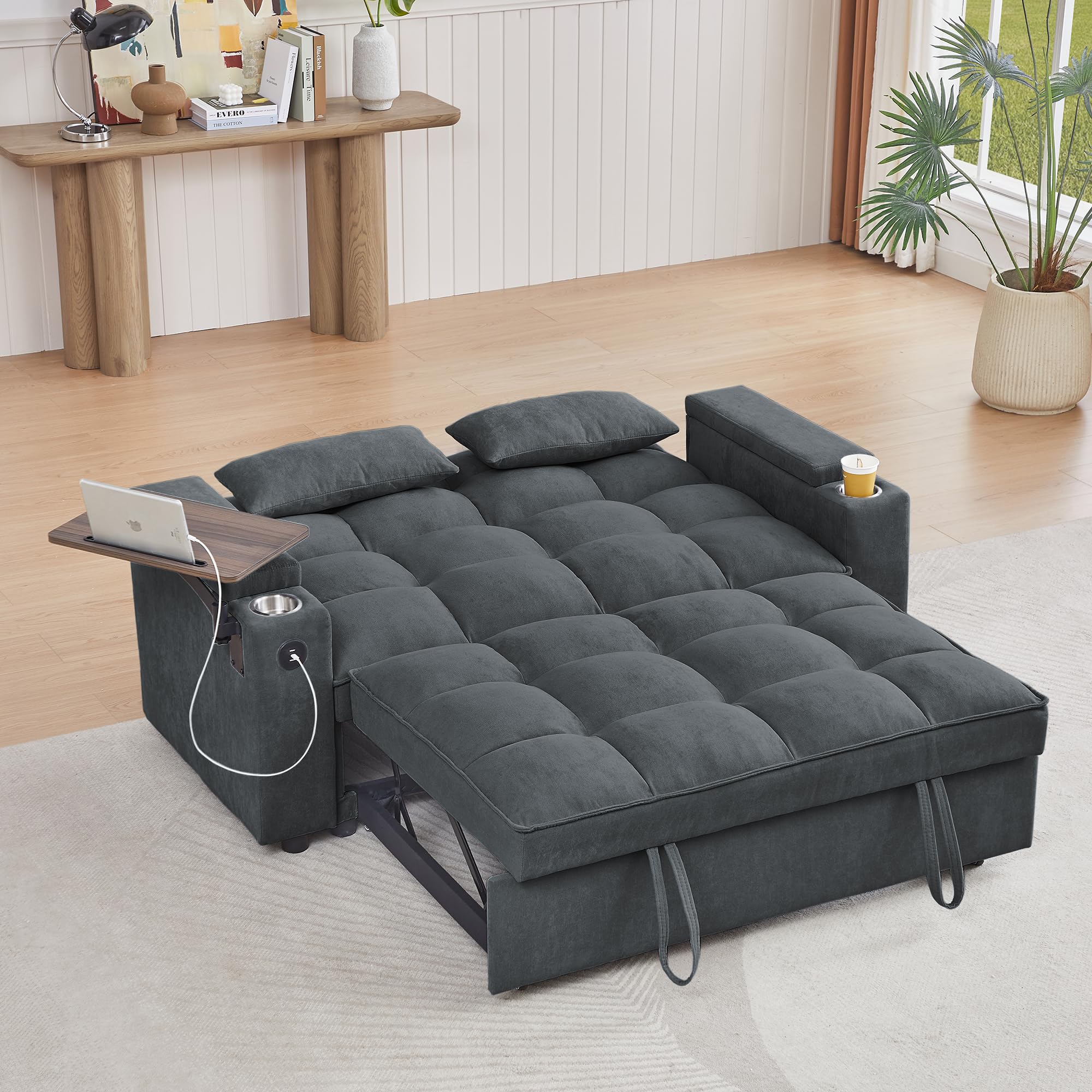 Auvsoce 65'' Convertible Queen Size Sleeper Sofa Bed.Modern Chenille Fabric Sofa with Pull Out Bed and 360 Degree rotatable Side Table for Living Room,RV, Trailer, Basement, Big Horn (Grey)