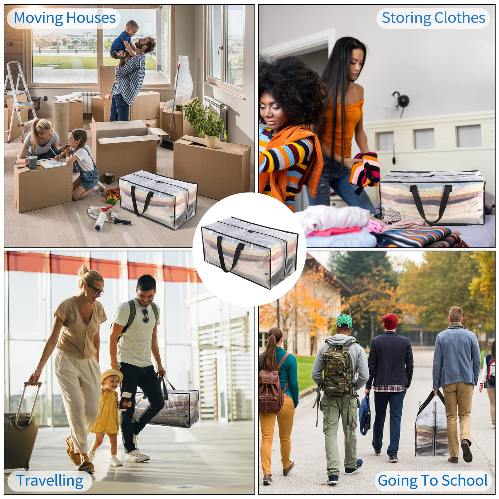 Rihim Moving Bags 90L - 4 Clear Heavy Duty Extra Large Storage Bags for Clothes - Packing Bags with Backpack Straps Strong Handles Zippers - College Travelling Christmas Storage Moving Totes