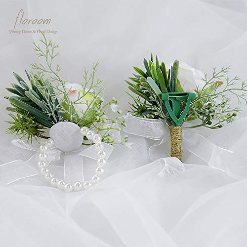 Floroom Ivory Rose Wrist Corsage Wristlet Band Bracelet and Men Boutonniere Set for White Wedding Flower Accessories Prom Suit Decorations