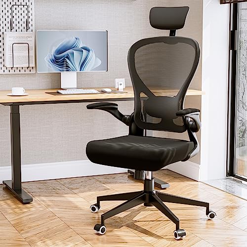 Frylr Ergonomic Home Office Desk Chair with Flip-up Arms and Headrest - Perfect for Big and Tall Users/Adjustable Lumbar Support/450 lbs Heavy Duty Office Chair(Black)