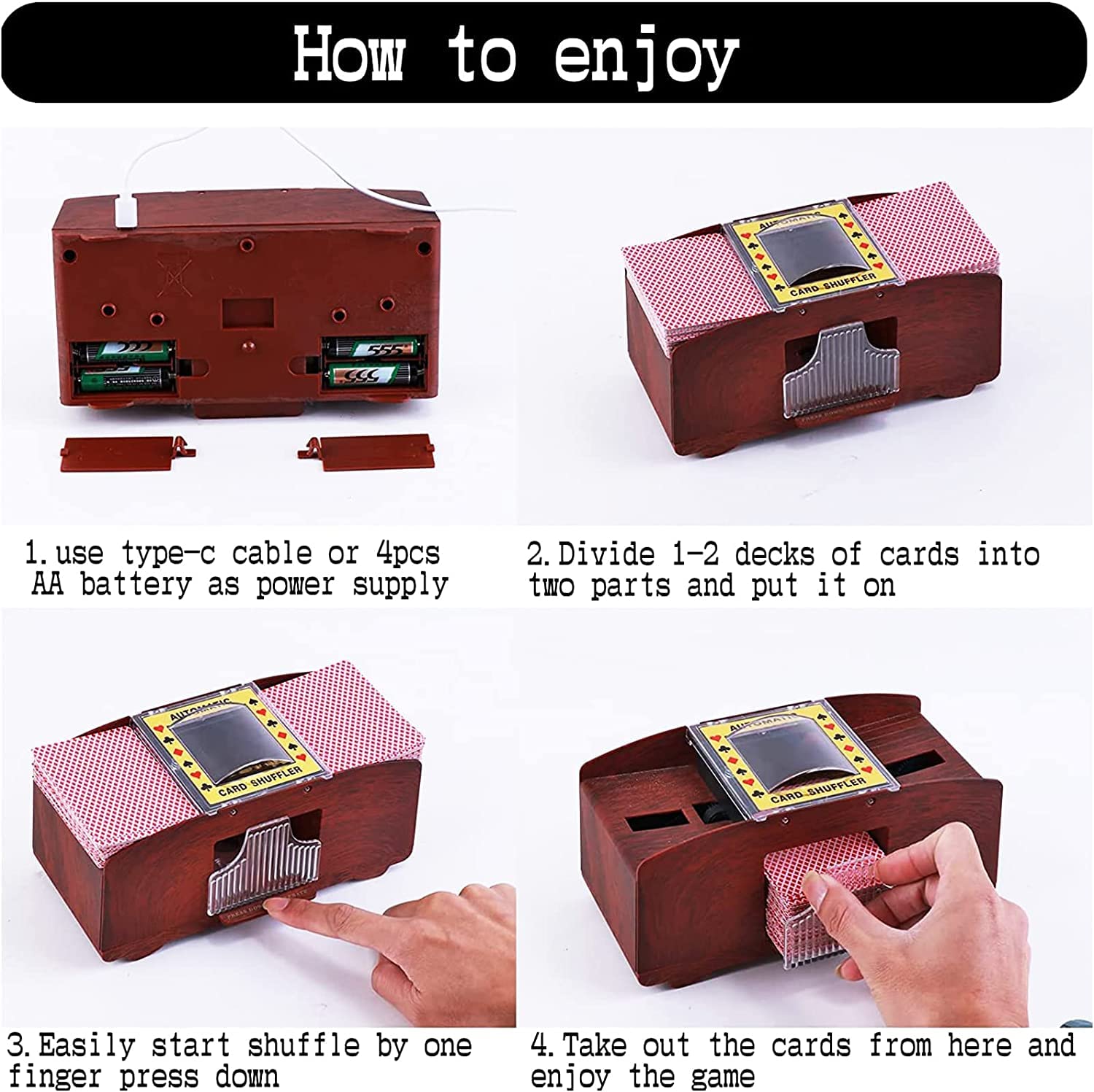 HJCMikee 1 to 2 Deck Automatic Card Shuffler Luxury Wood Grain Professional Casino Poker Cards Shuffle Machine Playing Blackjack Game Battery Operated Or USB Electric Equipment