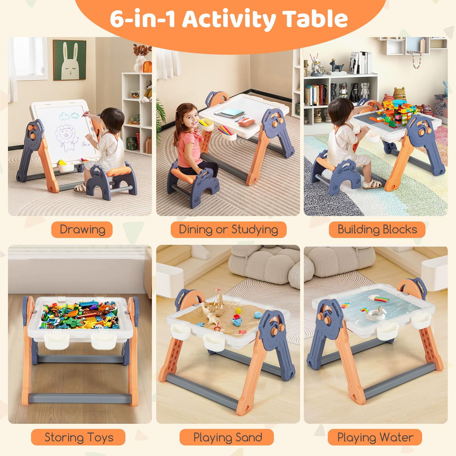 Costzon 6-in-1 Kids Table & Chair Set, Folding Art Easel w/Markers, Eraser, 102 Pcs Compatible Bricks, Reversible Building Block Tabletop, Storage Space & Baskets, Activity Table for Sand & Water