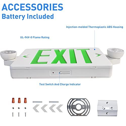 Exit Sign and Emergency Lights Combo, Double Face Green Emergency Exit Light, 2 Adjustable Head Lights and 90min Long Backup Battery, ABS Fire Safety (UL Certified 120-277V)(UL 94V-0) (1pack)