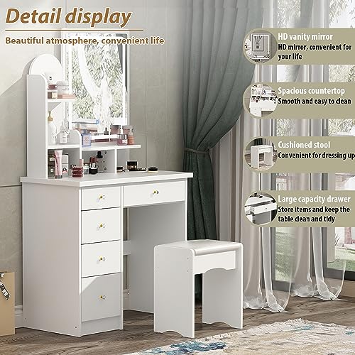 FUFU&GAGA Vanity Set with Mirror, Makeup Vanity Dressing Table with 5 Drawers, Shelves, Dresser Desk and Cushioned Stool Set (Lighted Mirror Vanity Set, 31.5" W x 15.7" D x 55.1" H)