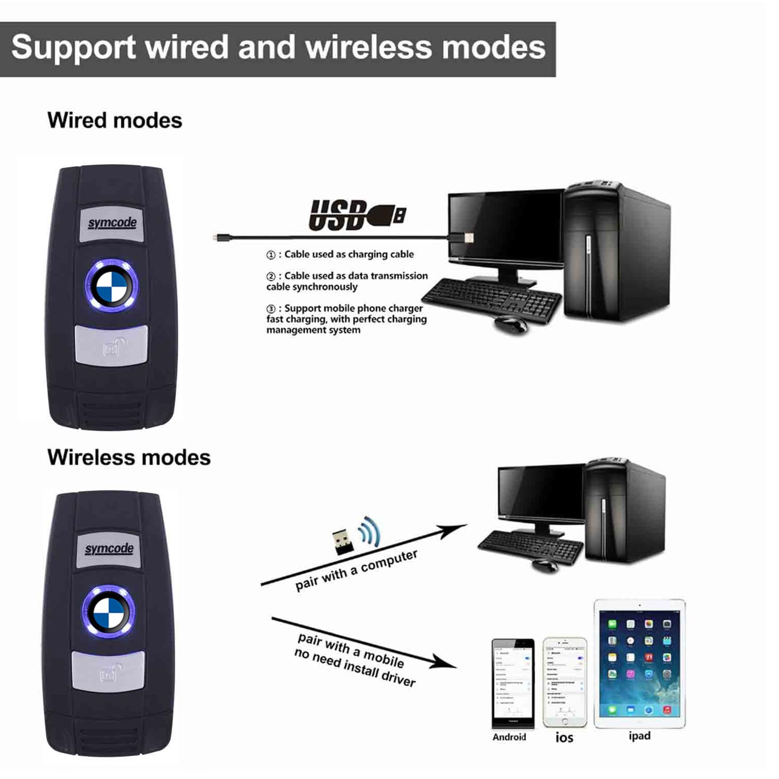 Symcode Bluetooth Barcode Scanner 1D Laser Wireless Barcode Scanner 3-in-1 BT & USB Wired & 2.4G Portable Handheld scanning Barcode Reader for Library Book, Warehouse Inventory, Store