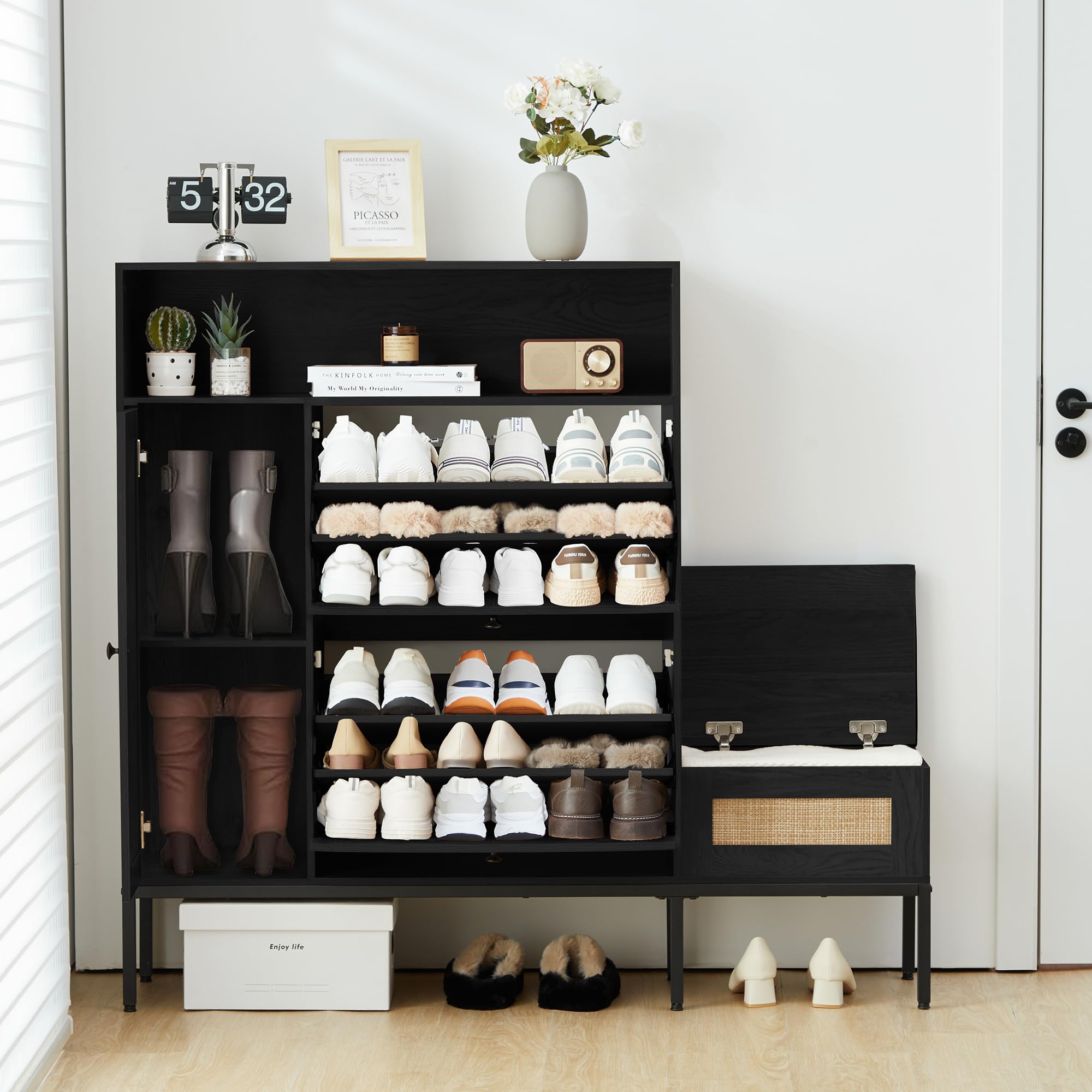 NVETHM Shoe Cabinet, Shoe Storage Cabinet with Two Rattan Doors and Adjustable Shelves, Free Standing Shoe Rack for Entryway, Living Room (Natural-1)