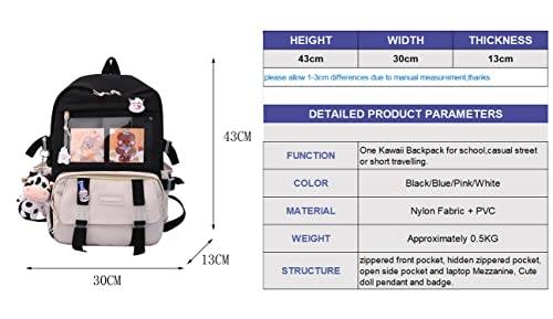 DACHAIHU Kawaii Backpack Aesthetic School Bags 17in Cute Bookbag with Badge&Cute Pendant,Large Capacity Kawaii Backpacks for School Black1