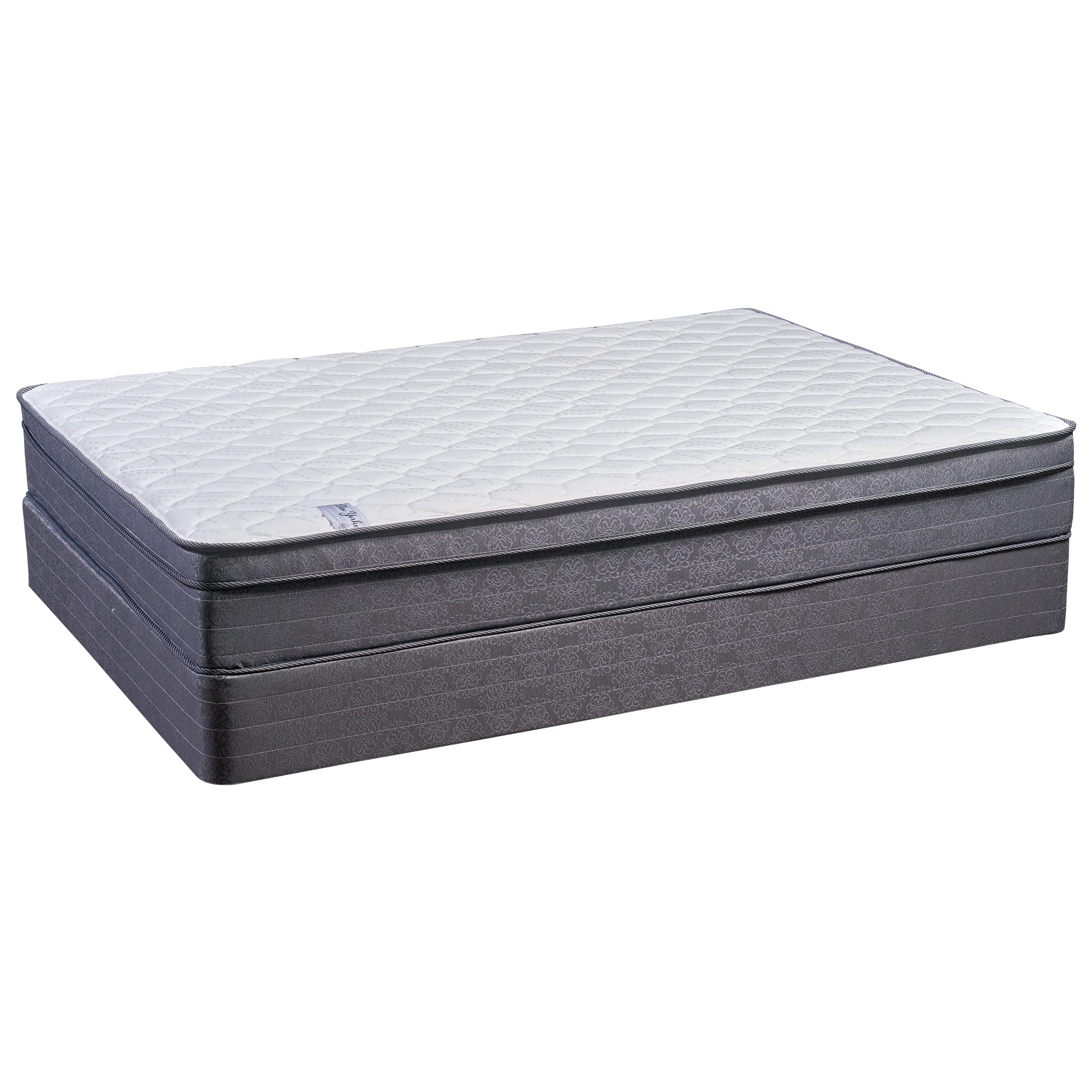 Continental Sleep Medium Plush Foam Encased Hybrid Eurotop Pillowtop Innerspring Mattress and 4" Wood Low Profile Boxspring/Foundation Set, Full, Grey and White