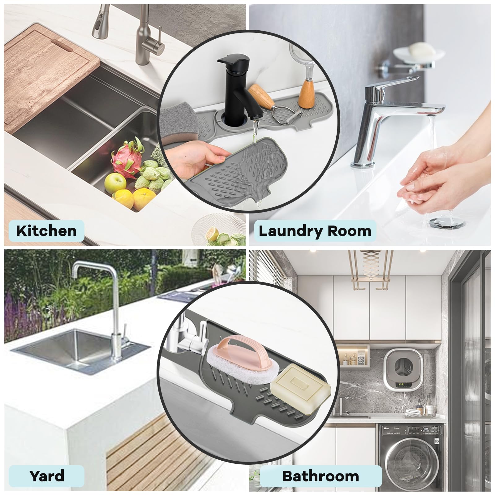 Daily Treasures 2-Pack Rotatable Silicone Faucet Splash Guard, 5° Large Slope Sink Splash Guard, (9.64"x3.9") Splash Guard for Sink Faucet Mat for Bashroom Kitchen Sink (Grew)