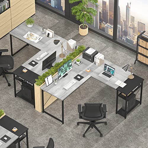 Foxemart L-Shaped Computer Desk, Industrial Corner Desk Writing Study Table with Storage Shelves, Space-Saving, Large Gaming Desk 2 Person Table for Home Office Workstation, Gray Oak and Black