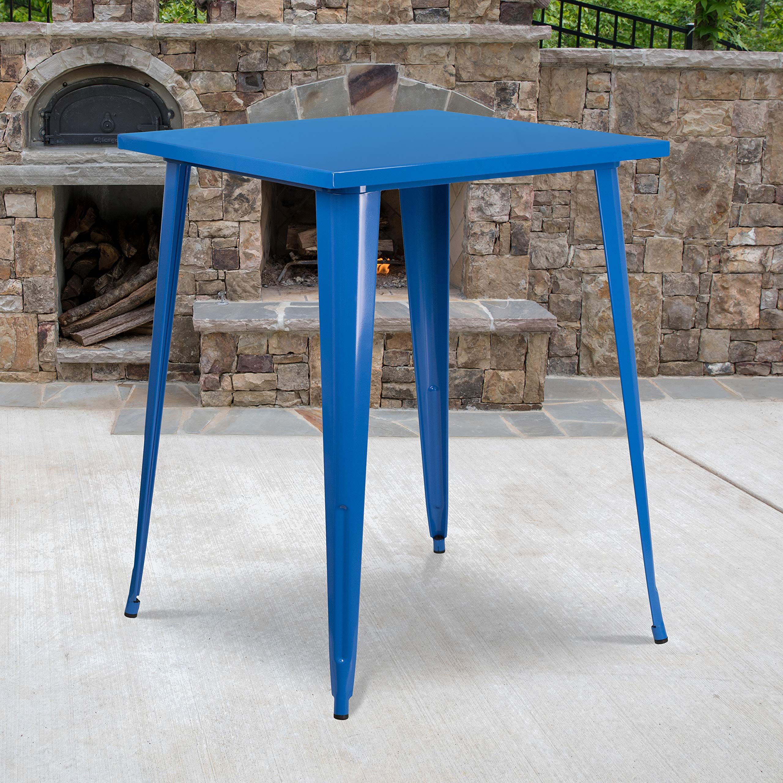 EMMA + OLIVER Commercial Grade 31.5" Square Blue Metal Indoor-Outdoor Bar Height Table