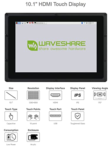 Waveshare 10.1 inch Capacitive Touch Screen LCD IPS Screen 1280x800 Hardware Resolution Supports Multi Mini-PCs and Multi Systems