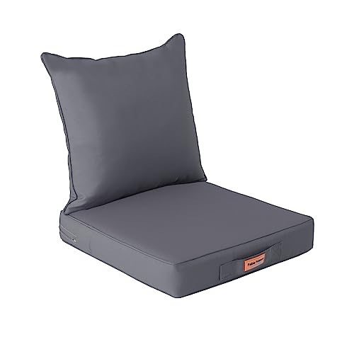 Faible Poisson Outdoor Chair Cushions, 20 x 20 Inch Waterproof Patio Furniture Back & Deep Seat Cushion Set with Handle and Anti-Slip Straps for Indoor Garden Camping, Plain Dark Grey