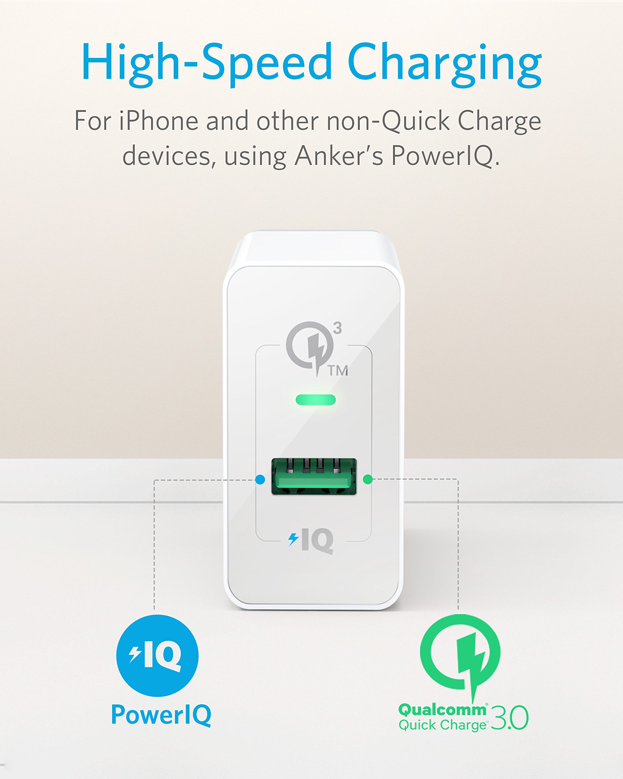 Quick Charge 3.0, Anker 18W 3Amp USB Wall Charger (Quick Charge 2.0 Compatible) PowerPort+ 1 for Galaxy S10/S9/S8/Edge/Plus, Note 8/7, LG G4, HTC One A9/M9, Nexus 9, iPhone, iPad and More
