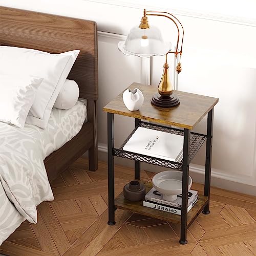 iDavosic.ly 3 Tier Small Side Table, Modern End Table Living Room, Industrial Wood Metal Bedside Table, Nightstand with Adjustable Shelf for Bedroom, Office, Kitchen, Rustic Brown and Black
