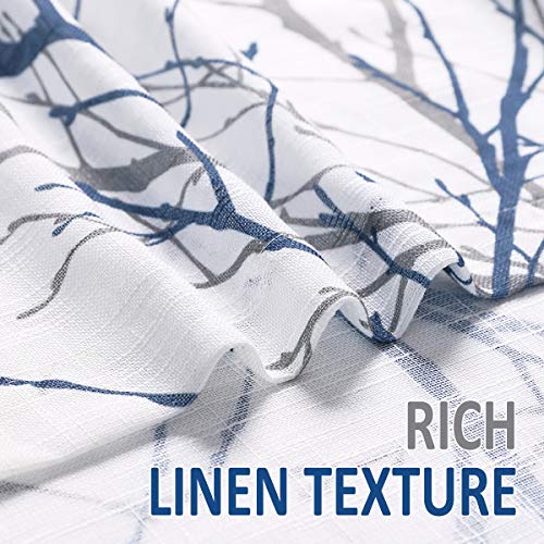 FMFUNCTEX Print Blue White Semi-Sheer Curtain Panels for Bedroom 63β Grey Tree Branch Printing on Linen Textured Window Treatment Set for Living Room Draperies 50βw 2-Pack