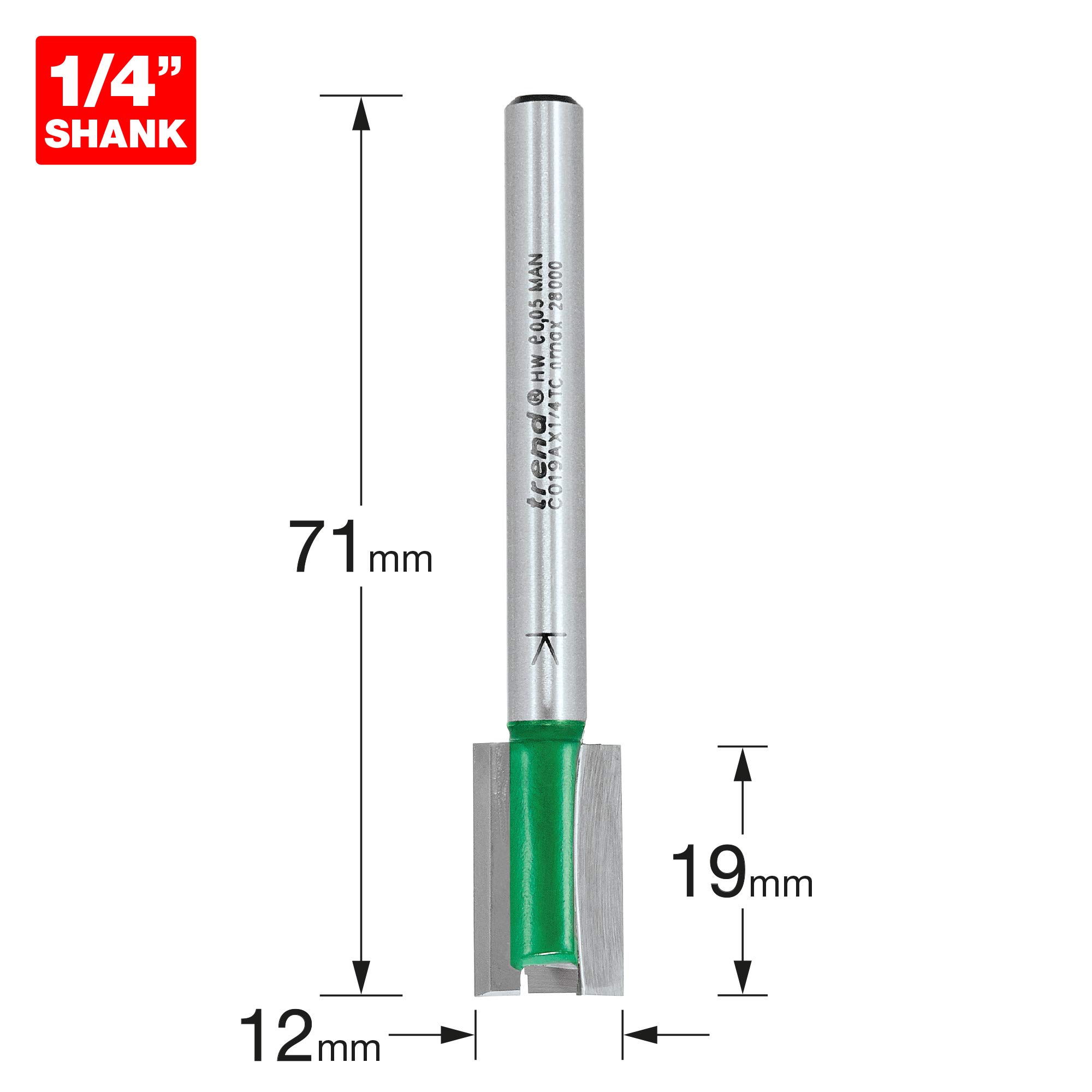 Trend CraftPro Straight Two Flute Router Cutter Bit, 1/4 Inch Shank, 15/32" Cut Diameter & 3/4" Cut Length, Tungsten Carbide Tipped, C019AX1/4TC