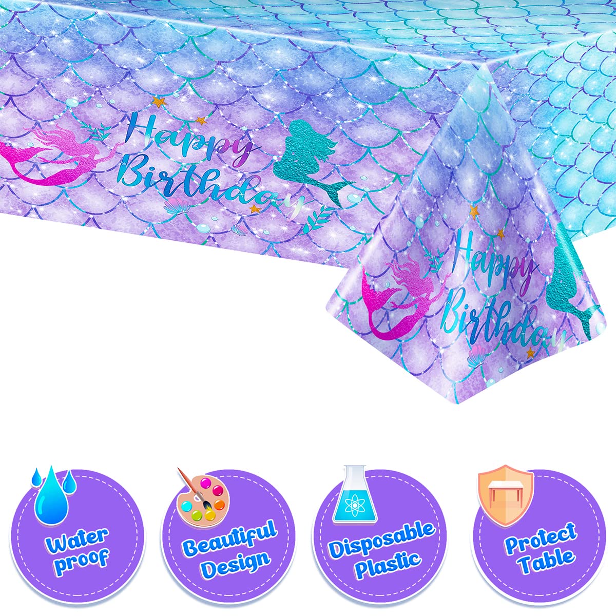 DaiUni 1PCS Mermaid Birthday Tablecloth for Birthday Party Decoration, Plastic Disposable Rectangle Table Cover for Kids Girls Party Supplies, 54" x 108"