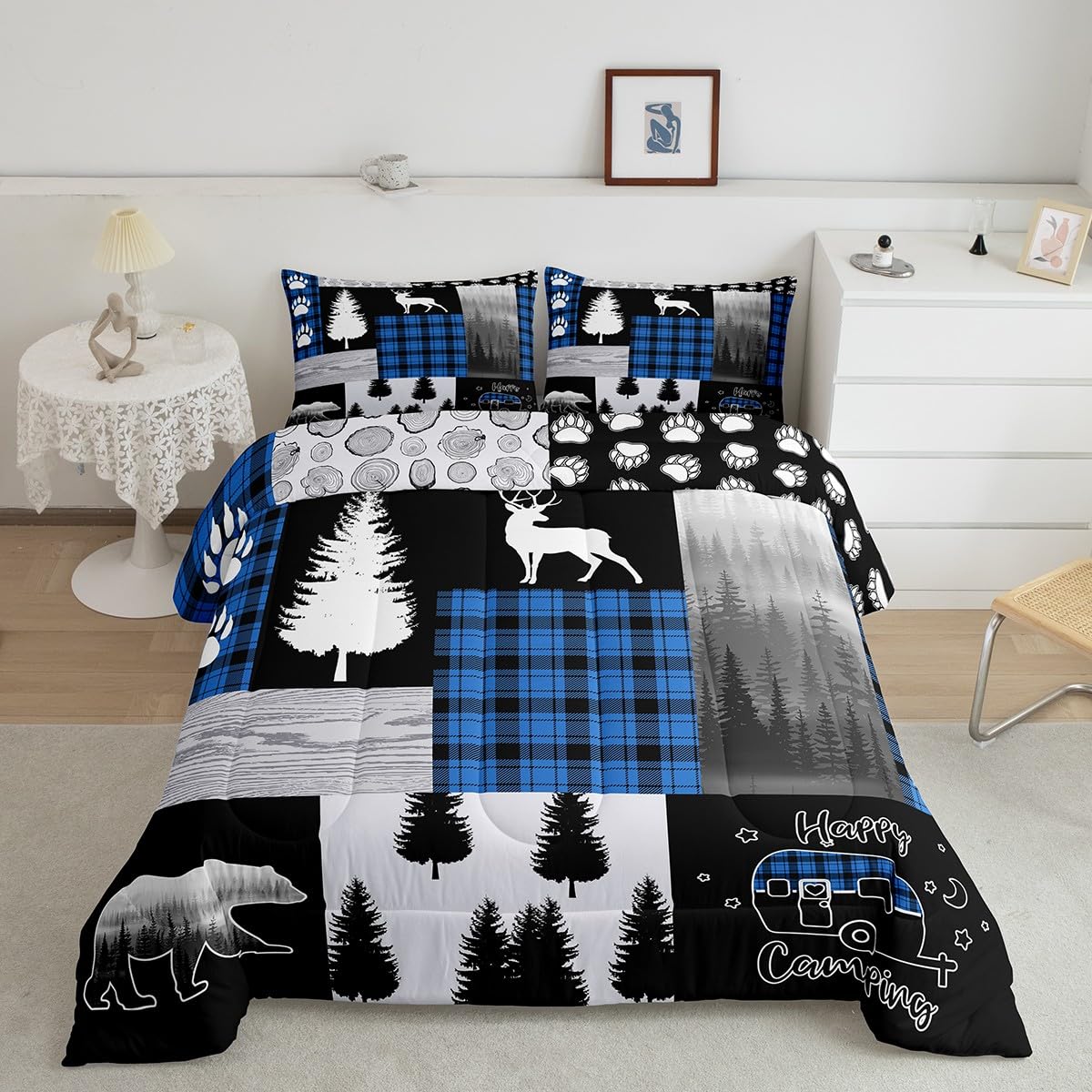 Deer Kids Comforter Set Full Size,Bear Hunting Woodland Rustic Cabin Bedding Set for Boys Girls Adult,Camping Adventure Geometric Plaid Patchwork Down Comforter,Pine Tree Xmas Duvet Insert Blue Black