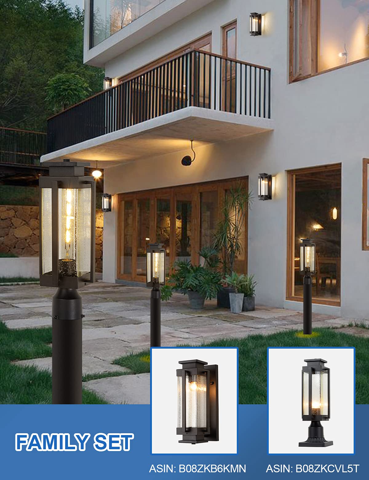 EERU Outdoor Post Light Fixtures 18" Large Exterior Post Lantern with Pier Mount Base IP65 Waterproof Black Finish with Seeded Glass Pier Mount Light Outdoor Pole Light for Patio, Porch, Yard, Garden