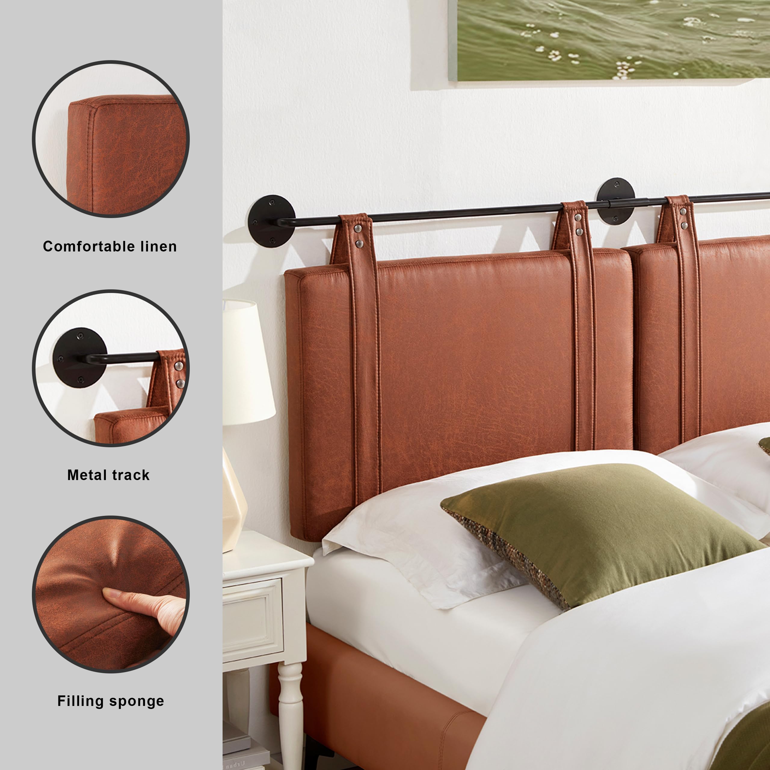 Iroomy Wall Mounted Headboard King with Brown Faux Leather Straps, Faux Leather Upholstered Headboard with Adjustable Heigh Headboard, King Headboard with Metal Bar for Dining Room, Bedroom, Brown