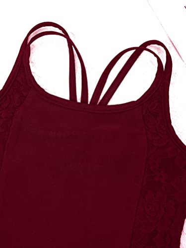 Aislor Kids Girls Ballet Dance Gymnastics Leotards Sleeveless Lace Patchwork Straps Hollow Back Unitard Bodysuit Rompers Burgundy 10 Years