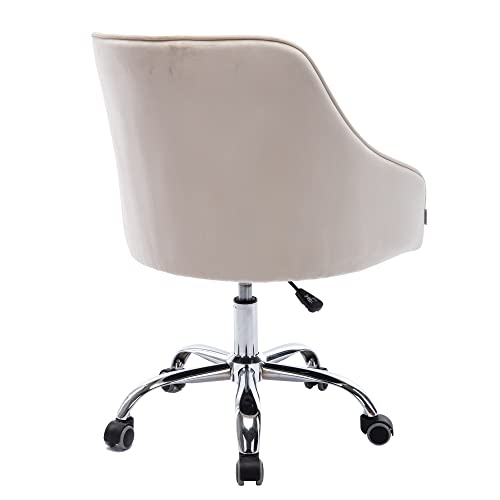 Goujxcy Home Velvet Office Desk Chair with Mid-Back, Modern Height Adjustable 360°Swivel Upholstered Computer Task Chair with Arms and Wheels for Living Room Bedroom (Beige)