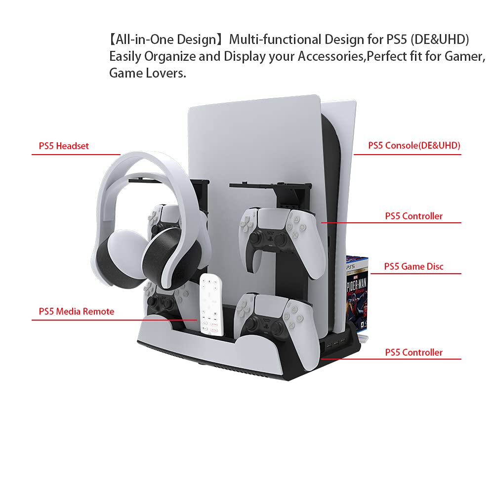 EJGAME Vertical Stand Dual Charging Station with Suction Cooling Fan Compatible with PS5 Console and PS5 Digital Edition, Built-in Headset Holder,Media Remote Stand and13 Game Rack Organizer