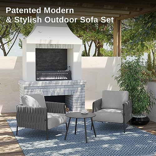 EAST OAK Life Chatter 3-Piece Patio Bistro Set, 2 Armchairs with Thick Cushion & Coffee Table,Deep Seating Patio Furniture for Garden Porch Balcony, Earth Black & Misty Grey