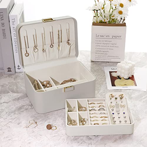 KAMIER Jewelry Organizer,2 Layer Jewelry Organizer Box for Earrings Bracelets Rings Necklaces,Luxury Leather & Soft Velvet Lined,Gift Box Packaging,Gray