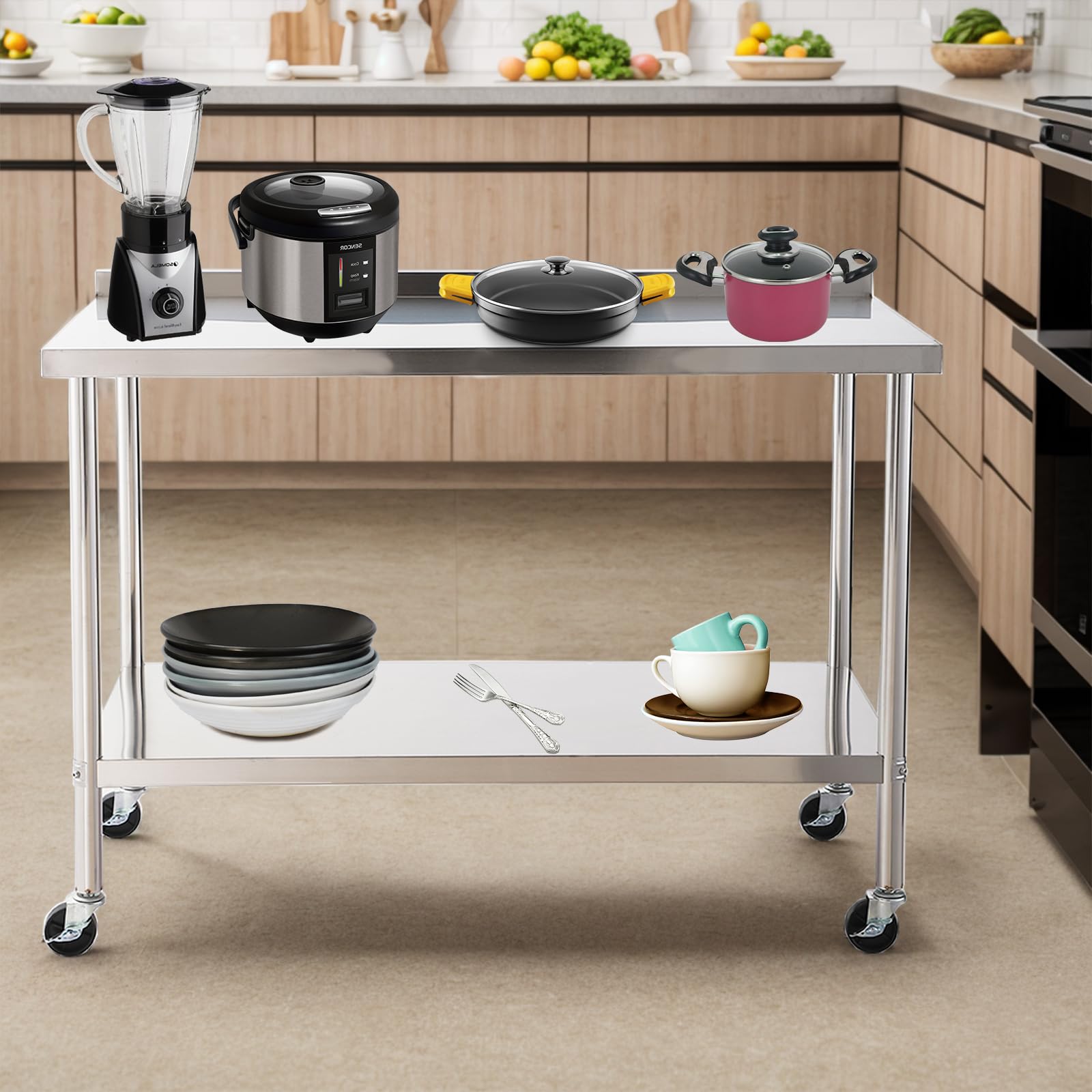 Comllen Stainless Steel Work Table, 48x24 Inches Stainless Steel Table with 4 Wheels, Commercial Heavy Duty Tables for Commercial Kitchen, Restaurant, Hotel and Garage