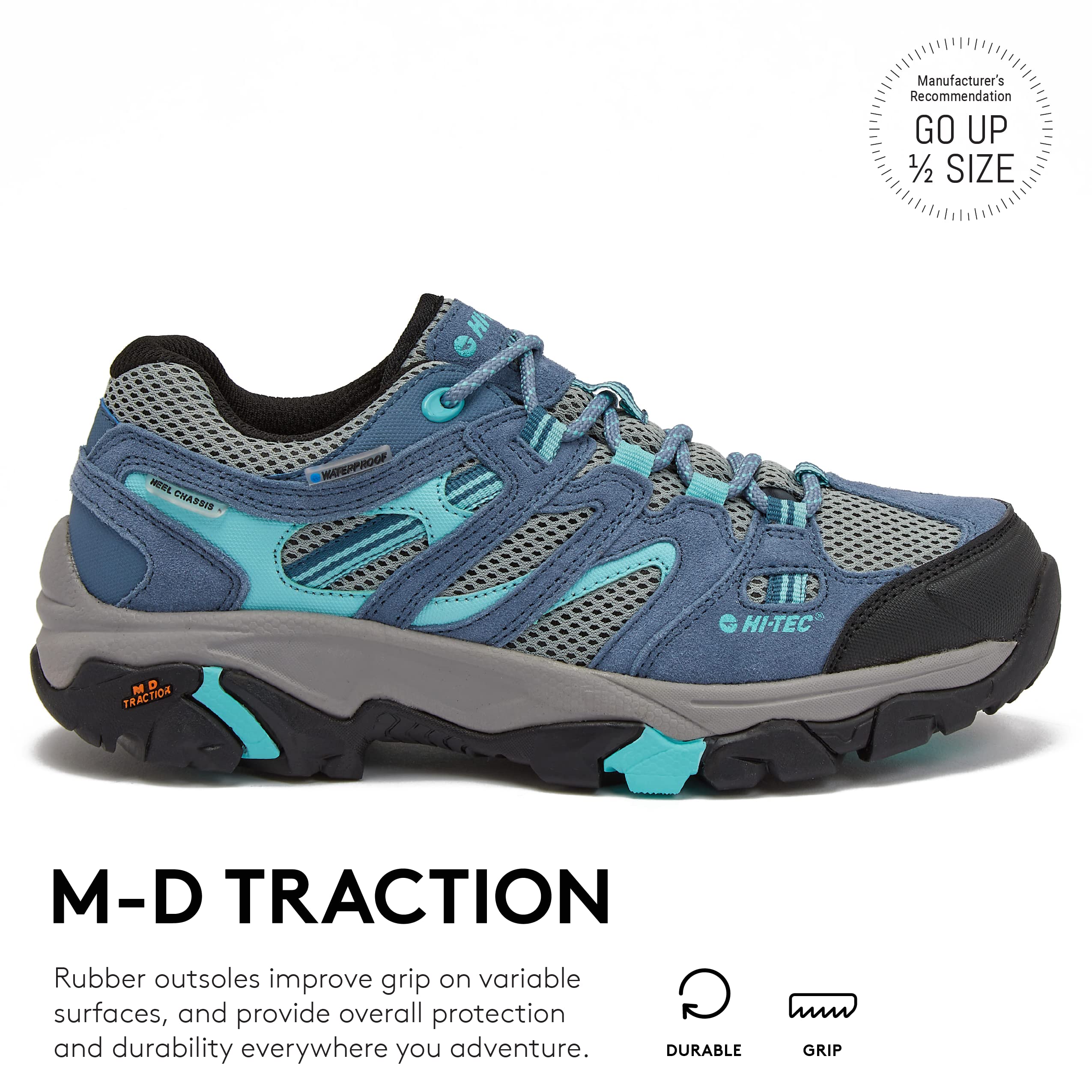 HI-TEC Apex Lite Low WP Waterproof Hiking Shoes for Women, Lightweight Breathable Outdoor Trekking and Trail Shoes - Light Blue/Medium Grey/Light Blue, 7 Medium