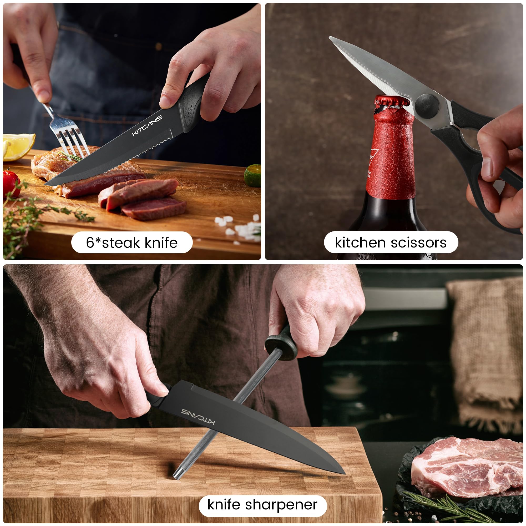 KITCANIS Knife Sets for Kitchen with Block, 15 Pcs Kitchen Knife Set with Block Self Sharpening, Dishwasher Safe, Anti-slip Handle, Black