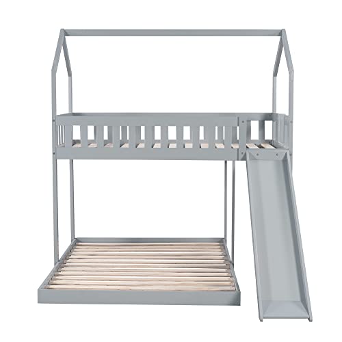 DEYOBED Twin Over Full Wooden Bunk Bed with Slide for Kids Teens