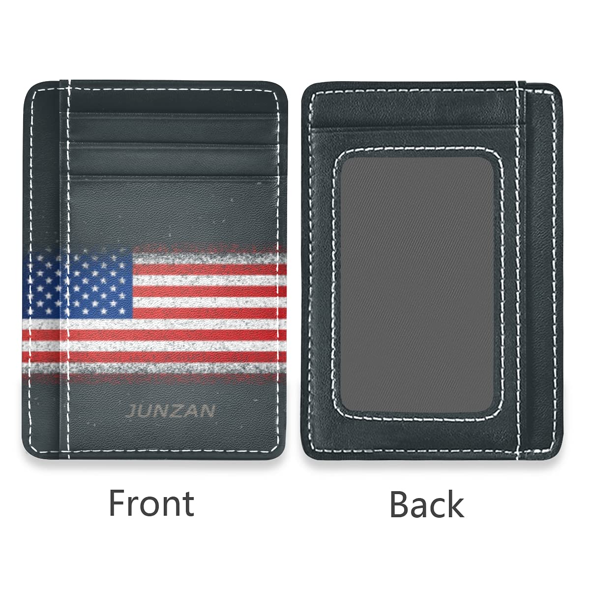 JUNZAN Slim Wallet US Flag Minimalist Wallets for Men Women Leather RFID Blocking Front Pocket Card Holder