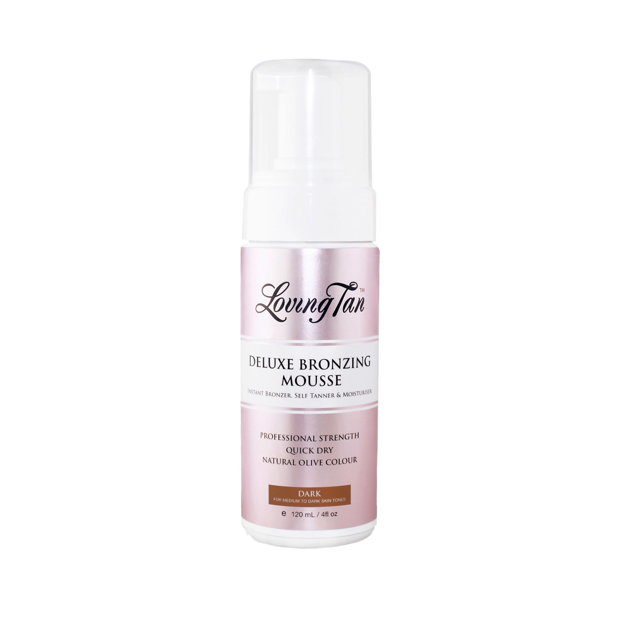 Loving Tan Deluxe Bronzing Mousse, Dark - Streak Free, Natural looking, Professional Strength Sunless Tanner - Up to 5 Self Tan Applications per Bottle, Cruelty Free, Naturally Derived DHA - 4 FL Oz