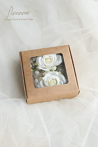 Floroom Ivory Rose Wrist Corsage Bracelet Wristlet Band and Men Boutonniere Set for White Wedding Flower Accessories Prom Suits