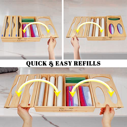 Foil and Plastic Wrap Organizer with Ziplock Bag Organizer, 6 in 1 Plastic Wrap Dispenser with Cutter, Bamboo Ziplock Bag Storage Organizer for Kitchen Drawer, For Gallon,Quart,Sandwich,Snack,13” Roll