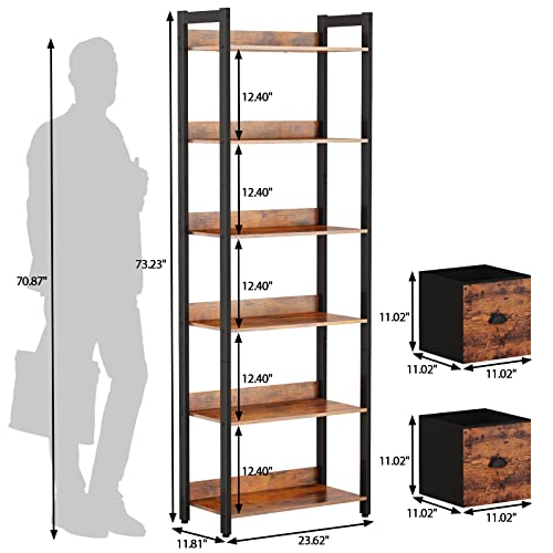 Furologee Tall 6-Tier Bookshelves, Rustic Bookcase with 2 Drawers, Nightstand with 2 Drawers, End Table with Storage Shelf for Bedroom, Living Room, Rustic Brown